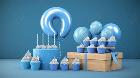 놀라운 3d 렌더링 축제 배경에 70개의 풍선과 선물이 포함된 생동감 넘치는 파란색 생일 컵케이크 파란 풍선 배경 축제
