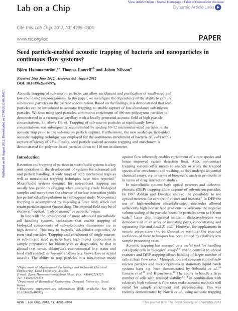 Pdf Seed Particle Enabled Acoustic Trapping Of Bacteria And Nanoparticles In Continuous Flow