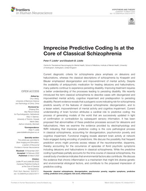 Pdf Imprecise Predictive Coding Is At The Core Of Classical Schizophrenia