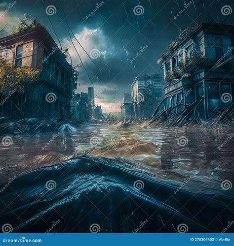 Urban Deluge Street Submerged Under Floodwaters Mix Of Floating Debris And Partially Visible