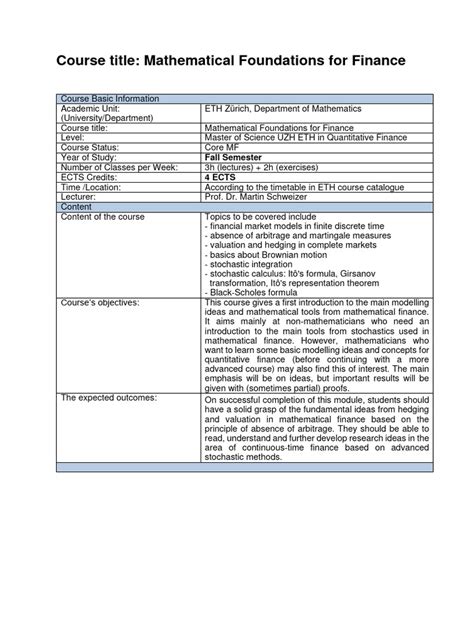 Syllabus Mathematicalfoundationsforfinance Pdf Mathematical Finance Stochastic Process