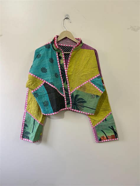 Vintage Kiara Cropped Quilted Patchwork Kantha Jacket Handmade