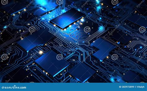 Dark Blue Color Circuit Board Illustration With Glowing Lines Dots And