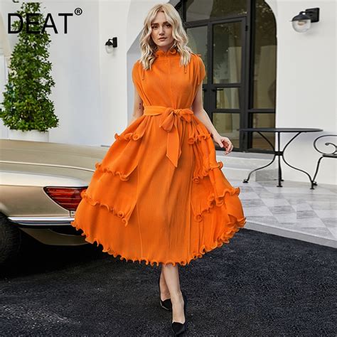 Deat Pleated 여자 드레스 헴 솔리드 우아한 짧은 슬리브 긴 빈티지 2022 새로운 여름 패션 Xq172dresses