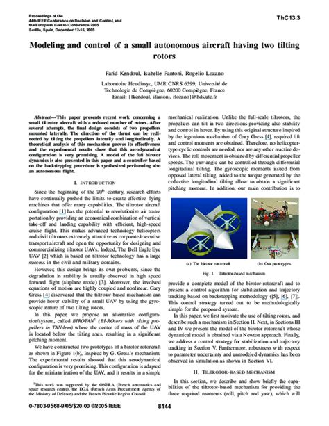 Pdf Modeling And Control Of A Small Autonomous Aircraft Having Two Tilting Rotors
