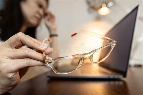 Tired Female Holding Bad Spectacles Problem Of Visual Acuity Test Or