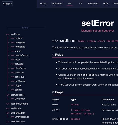 Update V7 Seterror Documentation For Shouldfocus Parameter · Issue 622 · React Hook Form