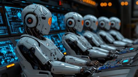 Futuristic Robots Working in a High-Tech Control Room Stock ...