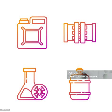 세트 라인 프로판 가스 탱크 부동 액테스트 튜브 가솔린 및 산업 금속 파이프 및 밸브캐니스터 그라데이션 색상 아이콘입니다 벡터
