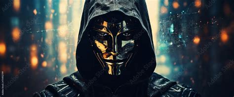 Portrait Of Anonymous Robotic Hacker Is In A Sihouette Double Exposure In The Background Is A