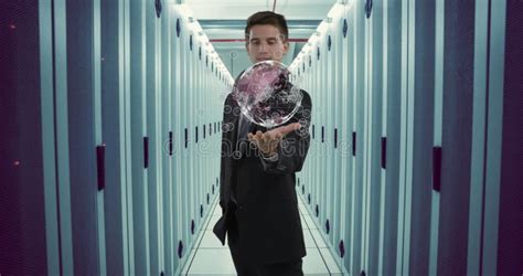 Holding Digital Globe Businessman In Data Center Visualizing Global Network Connections Stock
