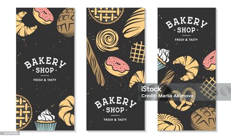 3 개의 베이커리 전단지 또는 브로셔 세트 빵 페이스트리 파이 만두 과자 컵 케이크와 타이포그래피 광고 디자인 현대 선형 그래픽 디자인 수직 배너 템플릿의 컬렉션 베이커리