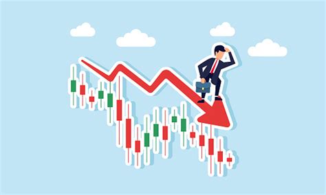 주식 차트에서 빨간색 하향 화살표를 타고 있는 사업가 손실 중 위험 관리에 대한 사업가 또는 투자자의 비전을 나타내는 그림입니다 결정에 대한 스톡 벡터 아트 및 기타 이미지
