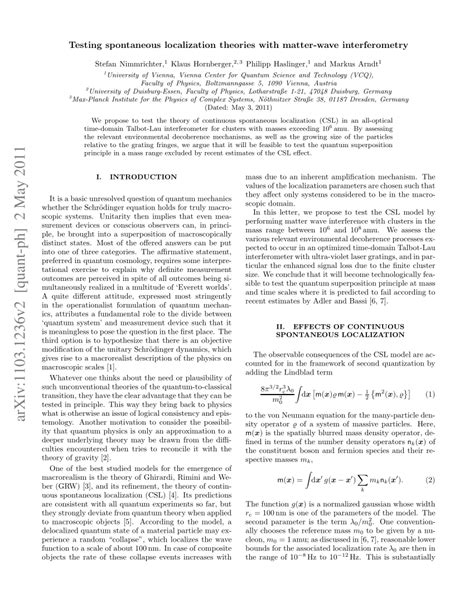Pdf Testing Spontaneous Localization Theories With Matter Wave Interferometry