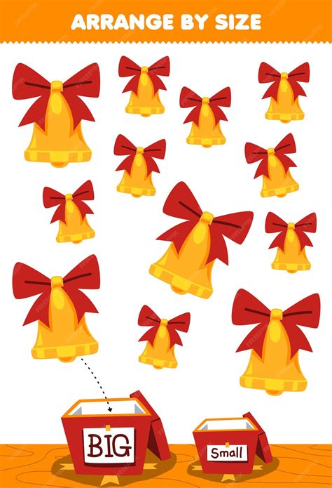 아이들을 위한 교육 게임은 크거나 작은 크기로 정렬하여 귀여운 만화 벨 인쇄용 겨울 워크시트의 선물 상자에 넣습니다 프리미엄 벡터