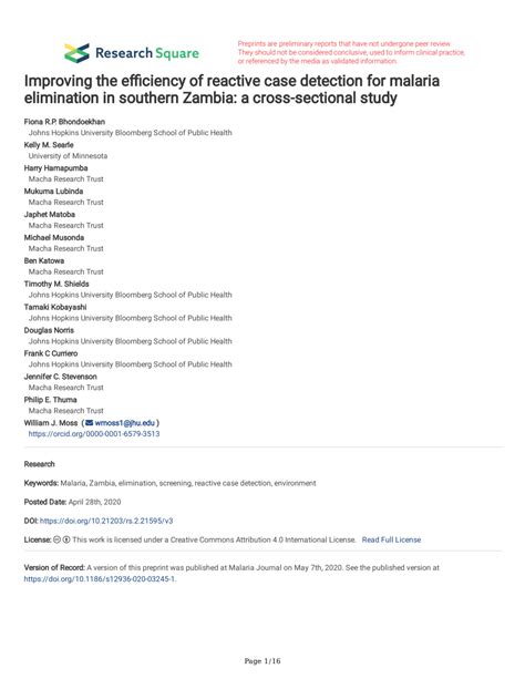 Pdf Improving The Efficiency Of Reactive Case Detection For Malaria Elimination In Southern