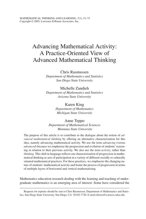 Pdf Advancing Mathematical Activity A Practice Oriented View Of Advanced Mathematical Thinking