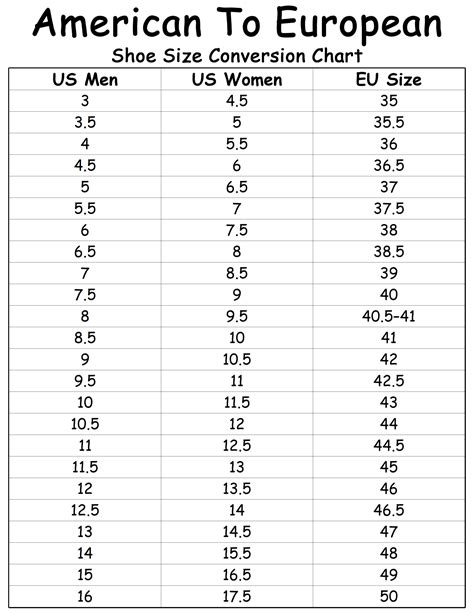 European Eu To American Us Shoe Size Conversion Chart Free
