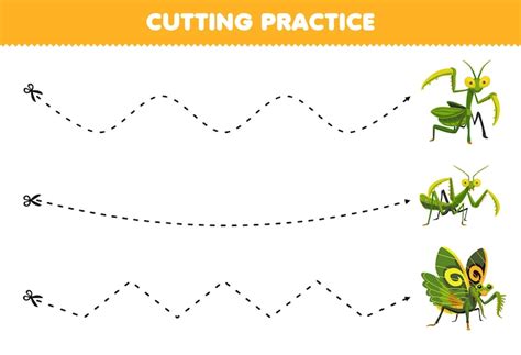 귀여운 만화 사마귀 인쇄용 버그 워크시트로 어린이 절단 연습을 위한 교육 게임 프리미엄 벡터