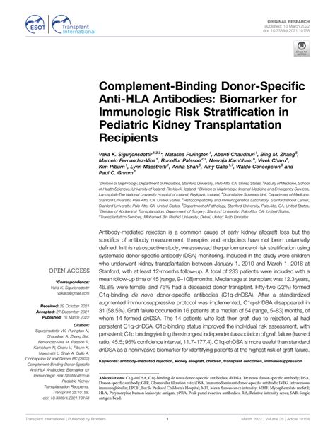Pdf Complement Binding Donor Specific Anti Hla Antibodies Biomarker