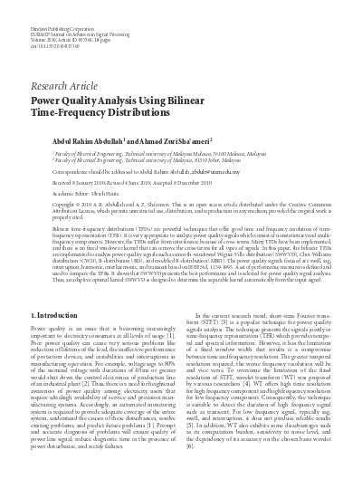 Power Quality Analysis Using Bilinear Time Frequency Distributions