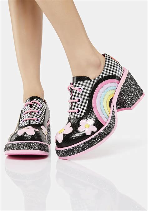 Irregular Choice Rainbow Daisy Gingham Platform Oxfords Black Dolls