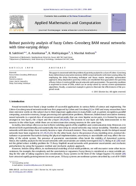 pdf robust passivity analysis of fuzzy cohen grossberg bam neural