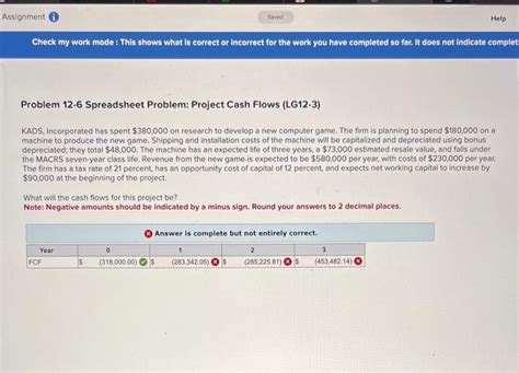 solved problem 12 6 spreadsheet problem project cash flows
