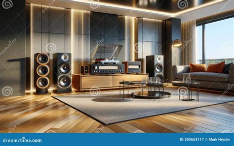 Modern Home Stereo Room Audiophile Hi Fi Turntable Tower Speakers Component AI Generated Home