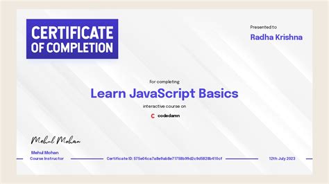 Radha Krishnas Certification For Learn Javascript Basics Codedamn