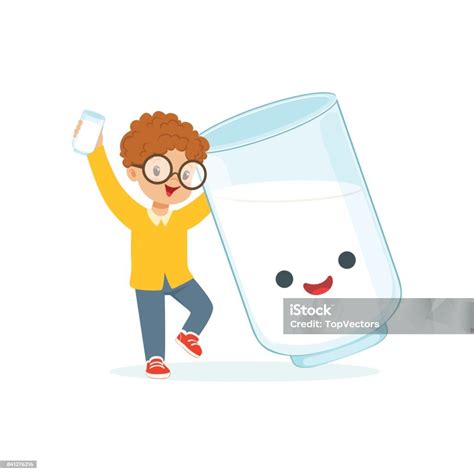 귀여운 빨강 머리 작은 소년과 미소 인간의 얼굴을 재생 하 고 있는 재미 건강 한 어린이 음식 만화 캐릭터와 함께 재미 있는 우유 유리 벡터 일러스트 레이 션 귀여운에 대한