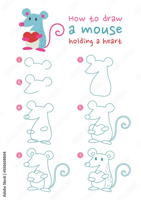 How To Draw A Mouse Holding Heart Vector Illustration Draw Rat In Love Step By Step Cute And