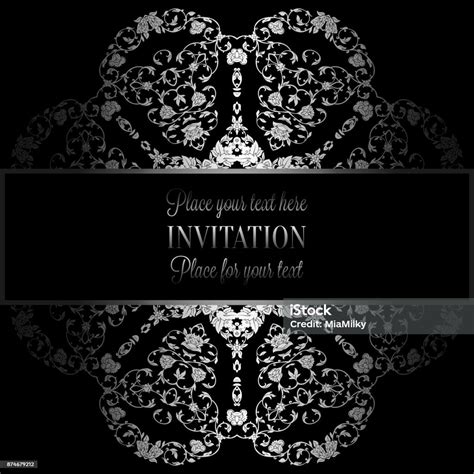 골동품 럭셔리 블랙 금속은 회색 빈티지 프레임 빅토리아 배너 꽃 배경 다 마스크 천 꽃 벽지 장식 초대 카드 바로크 스타일 패션 패턴 템플릿 고대의에 대한 스톡 벡터 아트