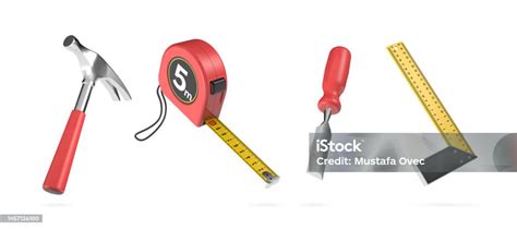 수리 도구 3d는 격리된 흰색 배경에 그림을 렌더링합니다 망치 줄자 끌 목수 광장 3차원 형태에 대한 스톡 사진 및 기타 이미지 3차원 형태 가위 강철 Istock