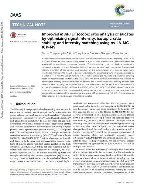 Pdf Improved In Situ Li Isotopic Ratio Analysis Of Silicate By Optimizing Signal Intensity