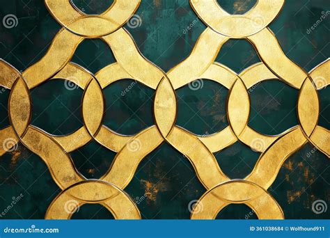 Geometric Design With Interlocking Squares And Circle Patterns In Gold And Dark Green Forming