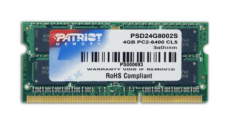 4gb patriot ddr2 pc2 6400 800mhz cl6 so dimm laptop memory module