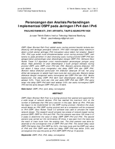 Pdf Perancangan Dan Analisis Perbandingan Implementasi Ospf Pada Jaringan Ipv4 Dan Ipv6