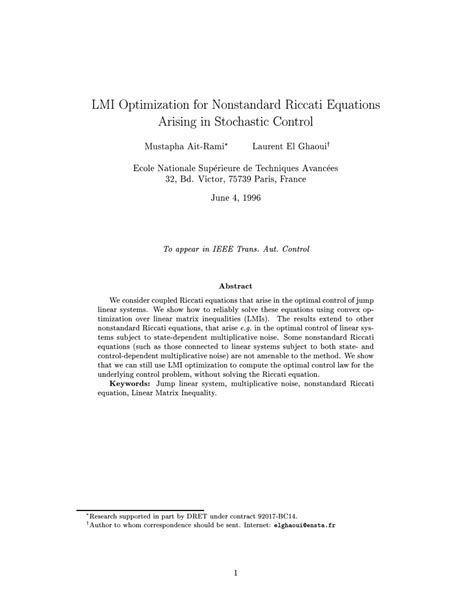 Pdf Lmi Optimization For Nonstandard Riccati Equations Arising In Stochastic Control