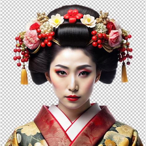 Японская гейша изолирована на прозрачном фоне Премиум Ai сгенерированный Psd