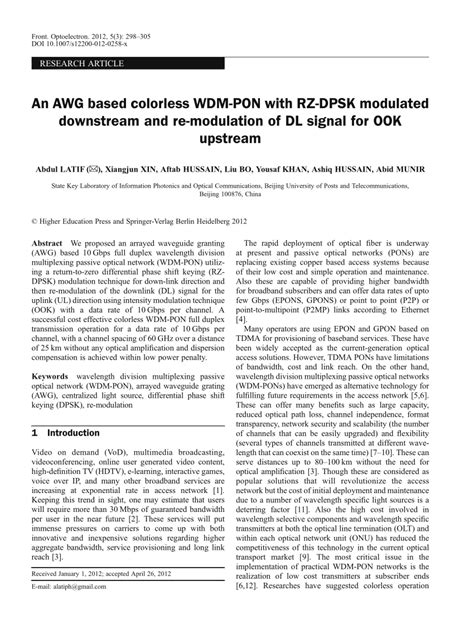 Pdf An Awg Based Colorless Wdm Pon With Rz Dpsk Modulated Downstream