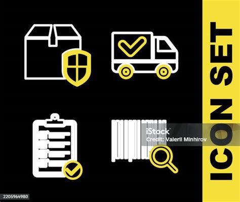 체크 표시 바코드 검색 배송 목록 확인 및 상자 보안 방패 아이콘으로 라인 배송 트럭을 설정합니다 벡터 가격에 대한 스톡 벡터 아트 및 기타 이미지 Istock
