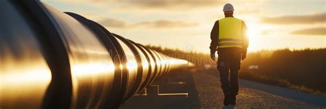 Infrastructure Worker Walking Along A Pipeline At Sunset Oil And Gas