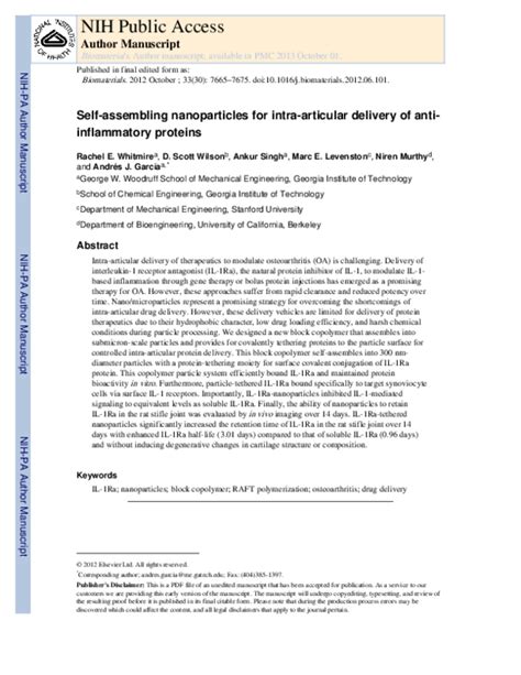 Pdf Self Assembling Nanoparticles For Intra Articular Delivery Of