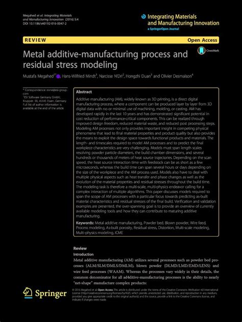 Pdf Metal Additive Manufacturing Process And Residual Stress