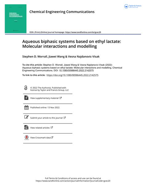 Pdf Aqueous Biphasic Systems Based On Ethyl Lactate Molecular Interactions And Modelling
