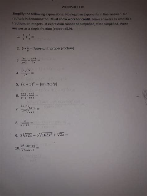 Solved Worksheet 1 Simplify The Following Expressions No