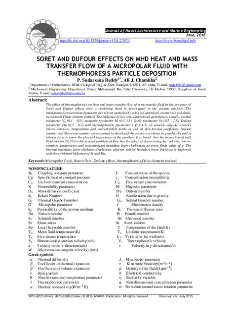 Pdf Soret And Dufour Effects On Mhd Heat And Mass Transfer Flow Of A