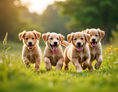 Four Adorable Golden Retriever Puppies Run Joyfully Across Grassy Field