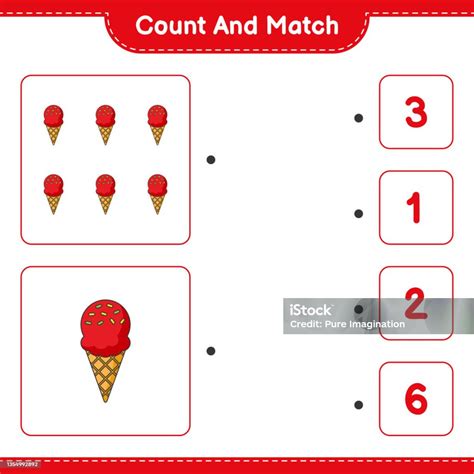 계산 및 일치 아이스크림의 수를 계산하고 올바른 숫자와 일치합니다 교육 어린이 게임 인쇄 워크 시트 벡터 일러스트레이션 0명에 대한 스톡 벡터 아트 및 기타 이미지 Istock